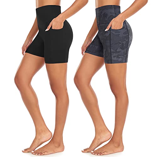 we fleece 2 Pack Biker Shorts for Women High Waist - 5" Soft Summer Womens Shorts Workout Shorts for Running Athletic(2 Pack-Black,Camo, Small-Medium)