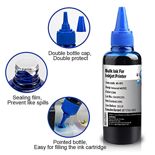 Universal Dye Ink Refill Kit for HP Canon Brother Lexmark Printers Compatible Cartridges Refillable Cartridge CISS CIS System 5 Bottle with 4 Free Syringes (2BK, C, M, Y)