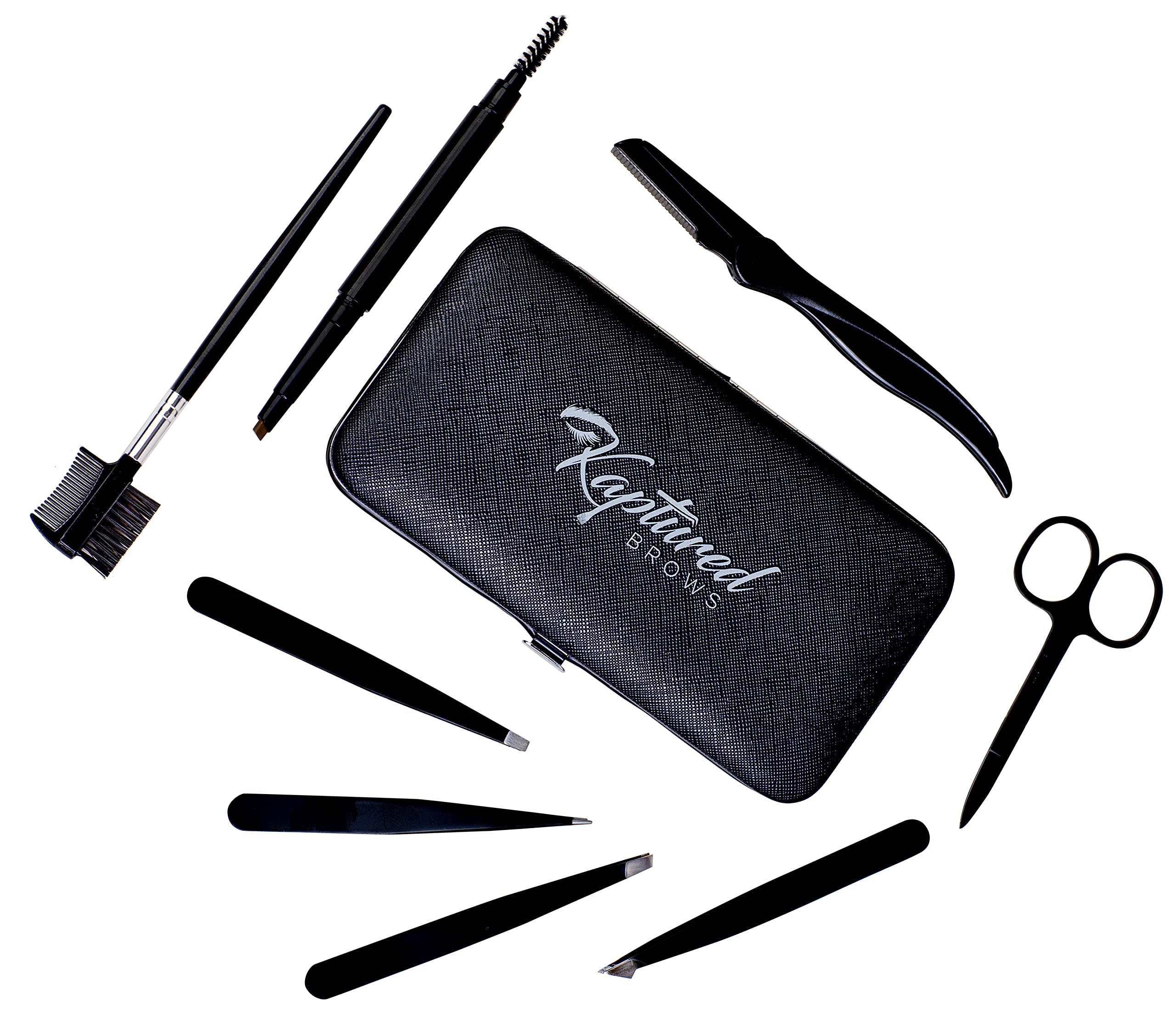 KAPTURED Eyebrow Kit, Professional 8 pc Eyebrow Grooming Kit for Women With Travel Case, Eyebrow Razor, Tweezers, Scissors, Eyebrow Comb and Brush, Brown Eyebrow Pen
