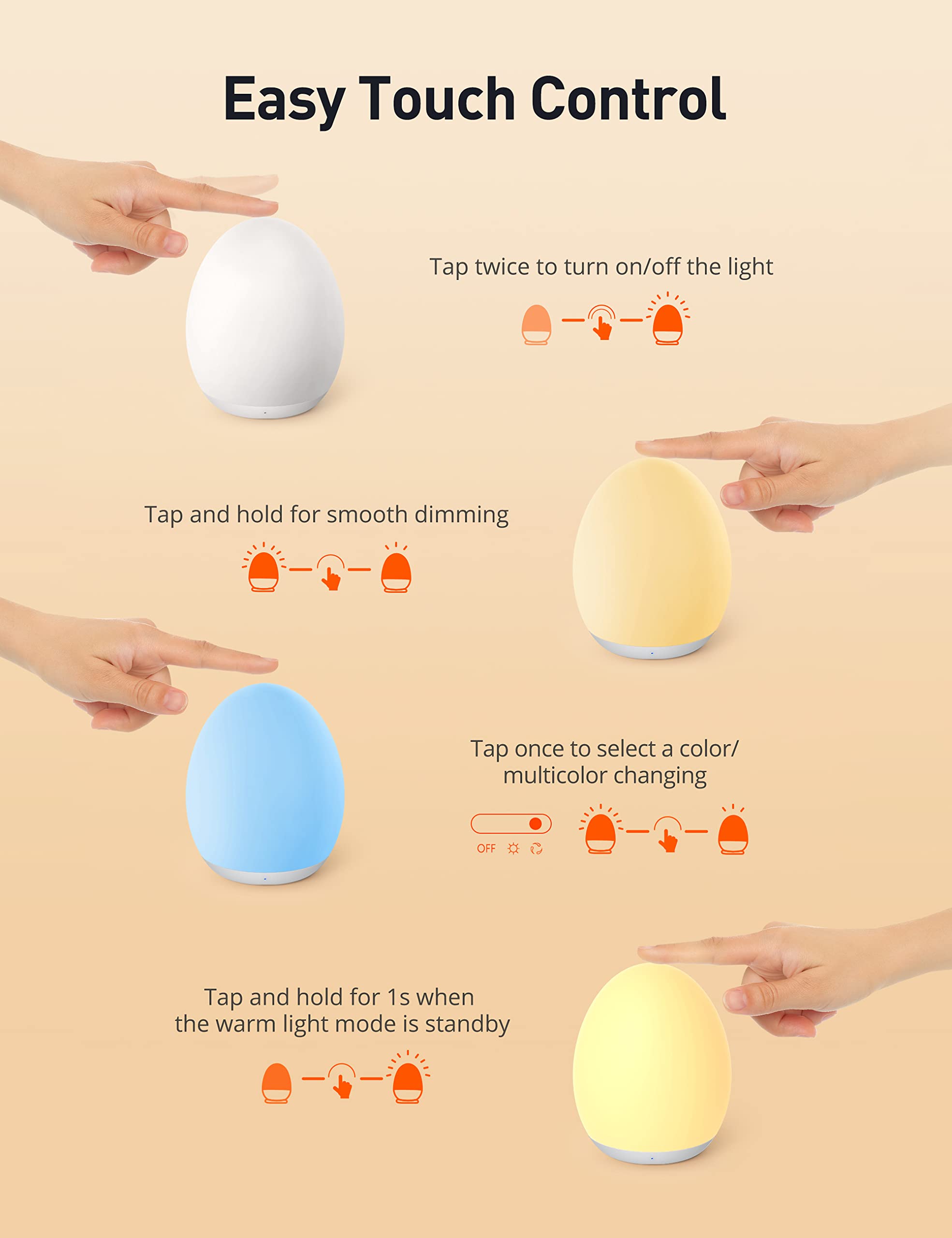 sympa Night Lights for Kids, 8 RGB Color Dimmable Night Light, Rechargeable Baby Egg Night Light with 1 Hour Timer & Touch Control, Portable Nursery Light for Breastfeeding, Up to 100H
