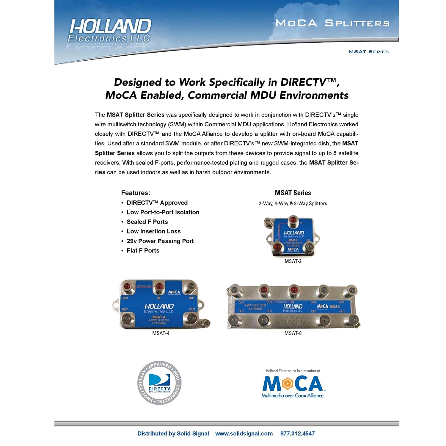 Holland Splitter, 4-Way, MoCA Enabling, 2-2150Mhz, Direct TV Approved