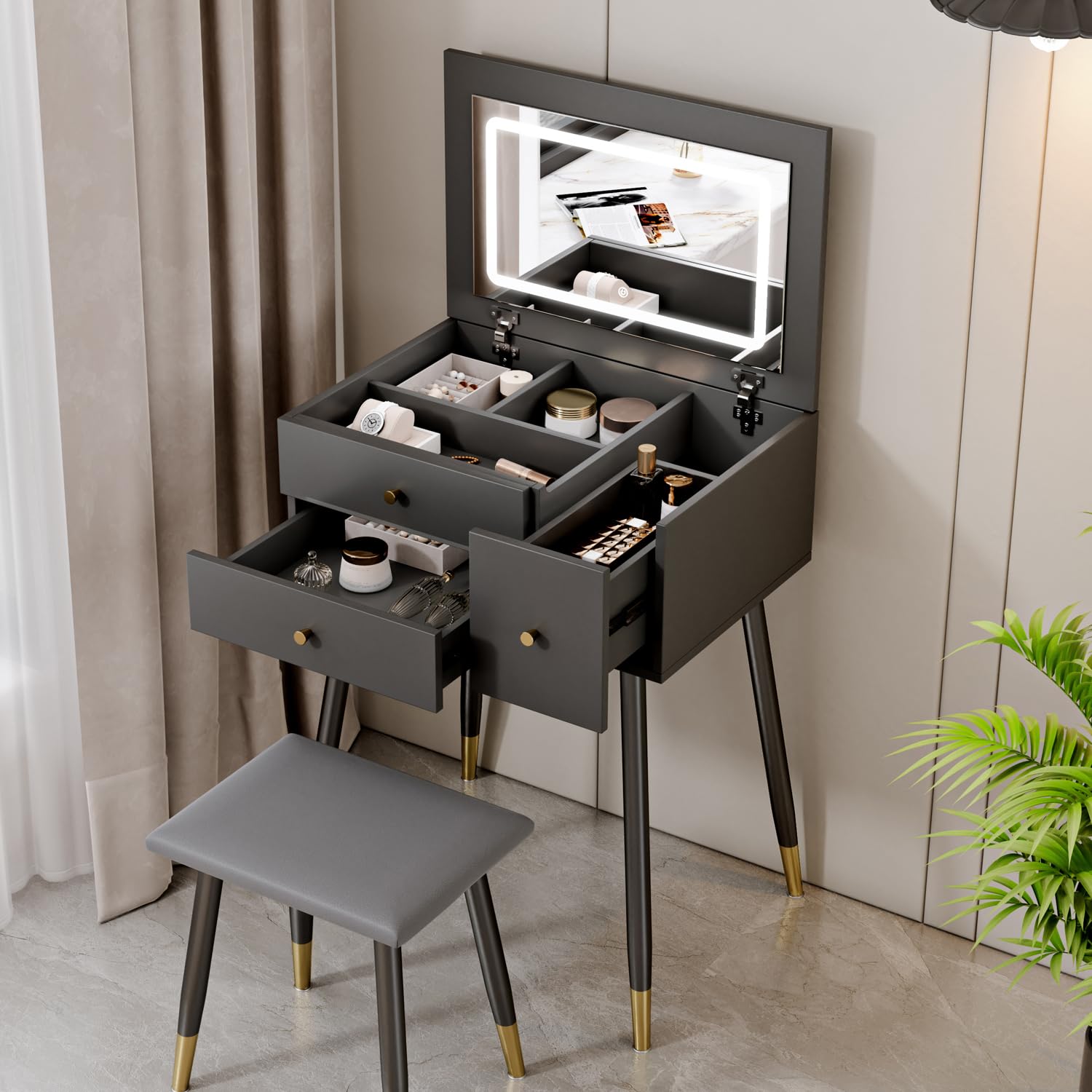Ieejdn Black Vanity Set with 3 Color Touch Screen Dimming Mirror Flip Top and Cushioned Stool, Makeup Dressing Table Writing Desk 2 Drawers & Removable Organizers, Bedroom for Women, 15.7D*23.6W*54H