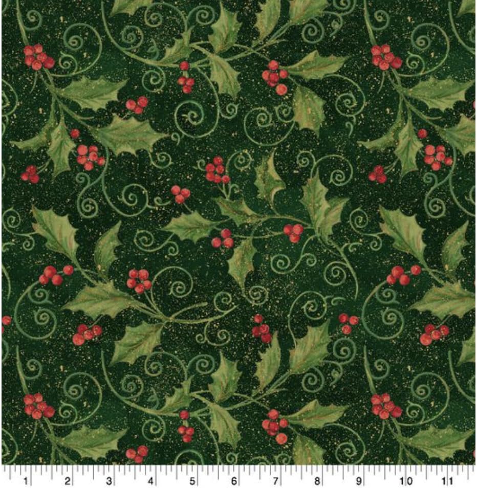 Holly Vine Scroll Metallic Christmas Cotton Precut Fabric - One Yard