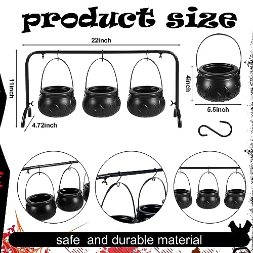 Tanlade Halloween Witch Cauldron, 3 Pcs Candy Serving Bowl on Rack with 3 Black Plastic Cauldron Bowls, Spooky Candy Bucket Punch Bowls for Halloween Party Table Home Decoration(Black)