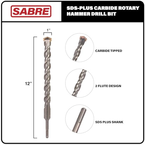 Sabre Tools 1 Inch x 12 Inch SDS Plus Rotary Hammer Drill Bit, Carbide Tipped for Brick, Stone, and Concrete Version 2 (1" x 10" x 12")