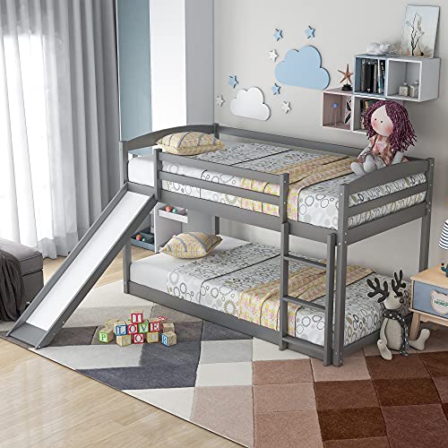 TARTOP Twin Over Twin Bunk Bed with Convertible Slide and Ladder,Solid Pinewood Frame, Low Bunk Bed w/Safety Guardrails,Suitable for Kids/Teen,No Box Spring Needed,Gray