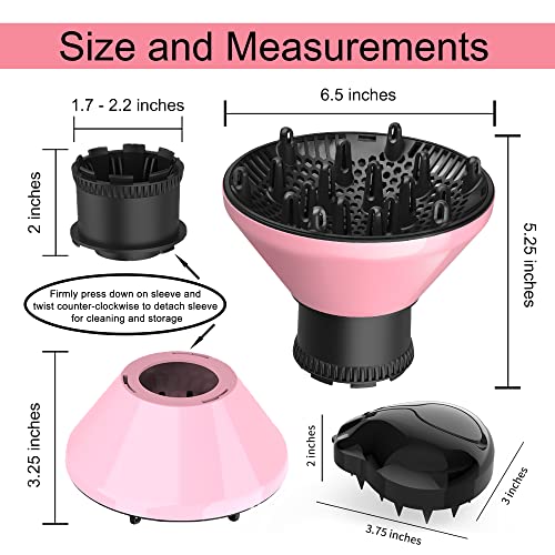Universal Hair Diffuser Adaptable Hair Dryer Attachment for Blow Dryer Nozzles from 1.7 to 2.2 inch Diameter (Pink with Shampoo Brush)