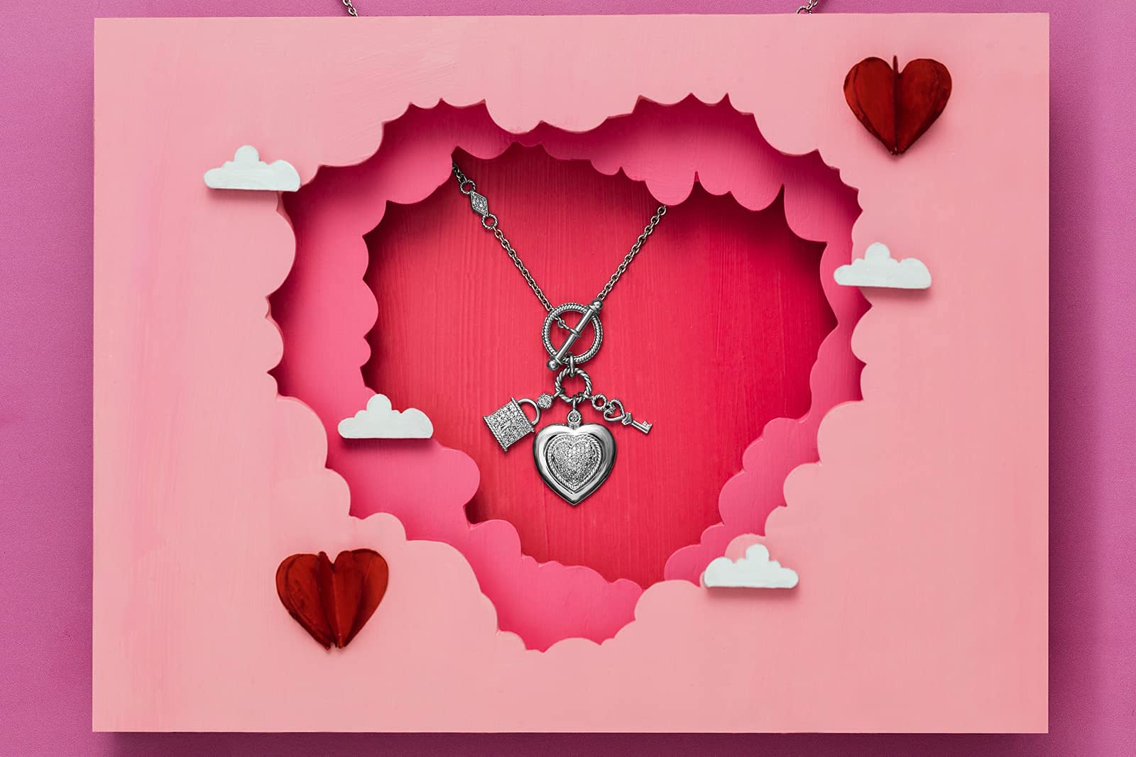 Jewelili Heart Shape Necklace Pendant with Natural White Round Diamonds, Lock and Key Charms 18 inch Cable Chain