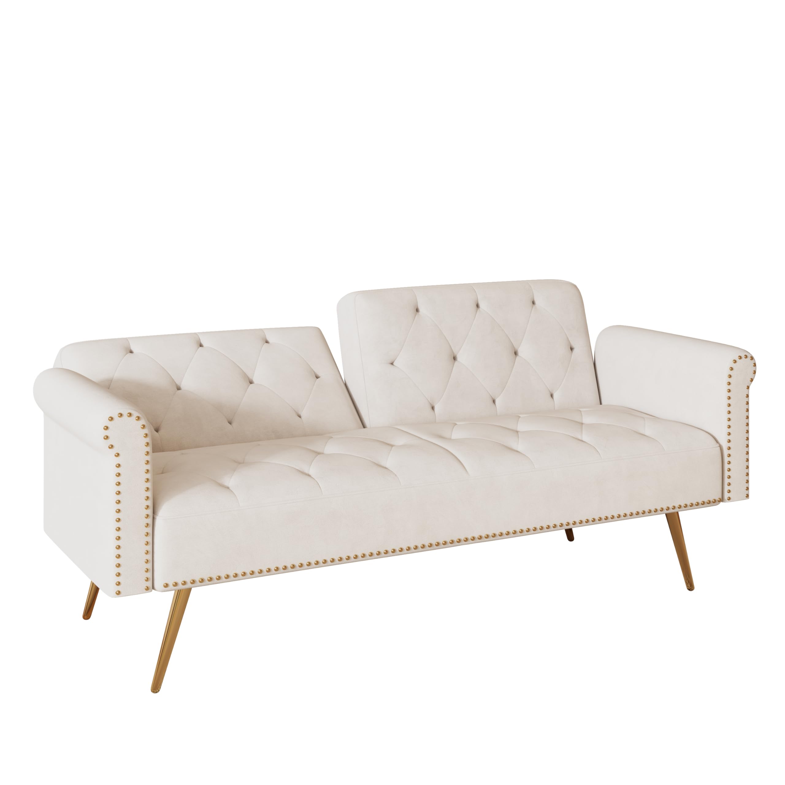 Upholstered Tufted Futon Sofa Bed Modern Split Adjustable Backrest Loveseat Convertible Sleeper Sofabed with Nailhead Decor for Home Office Apartment Living Room/Studio Compact Space