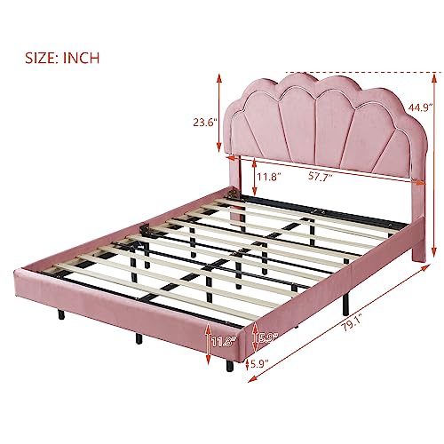 Upholstered Smart LED Bed Frame with Elegant Flowers Headboard,Floating Velvet Platform LED Bed with Wooden Slats Supportfor Bedroom, No Box Spring Needed (Pink, Full)
