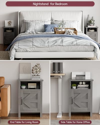 YESHOMY Farmhouse Modern Nightstand with Shelf and Barn Door, Set of 2 for Bedroom, Gray