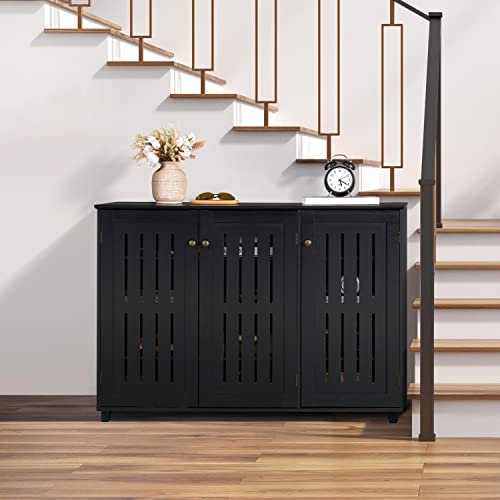 Yaheetech Shoe Storage Cabinet Floor Storage Organizer Wooden Cabinet with 3 Doors Adjustable Shelf for Entryway Living Room Home Office Black