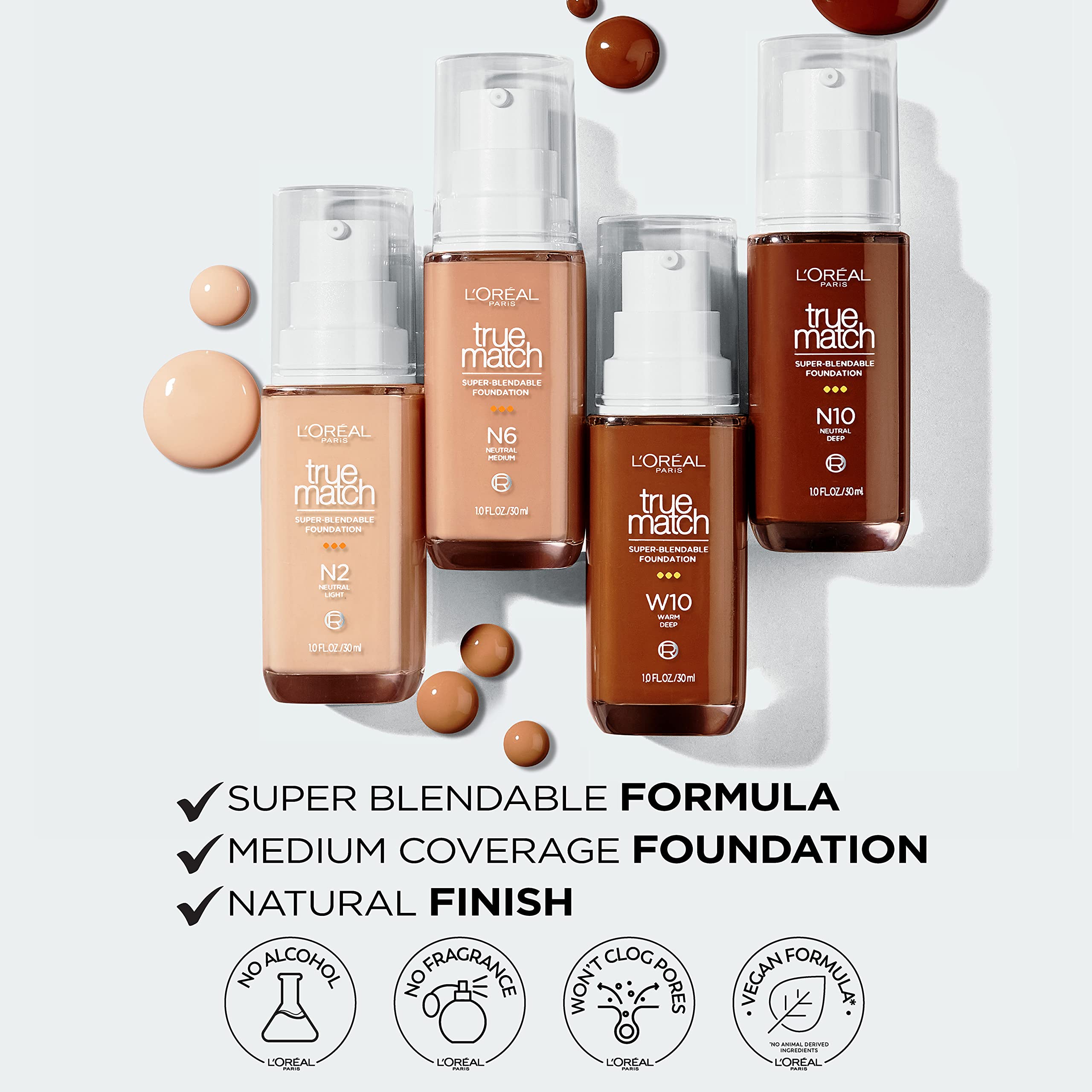 L'Oreal Paris True Match Super-Blendable Foundation, Medium Coverage Liquid Foundation Makeup, N0.5, Light, 1 Fl Oz