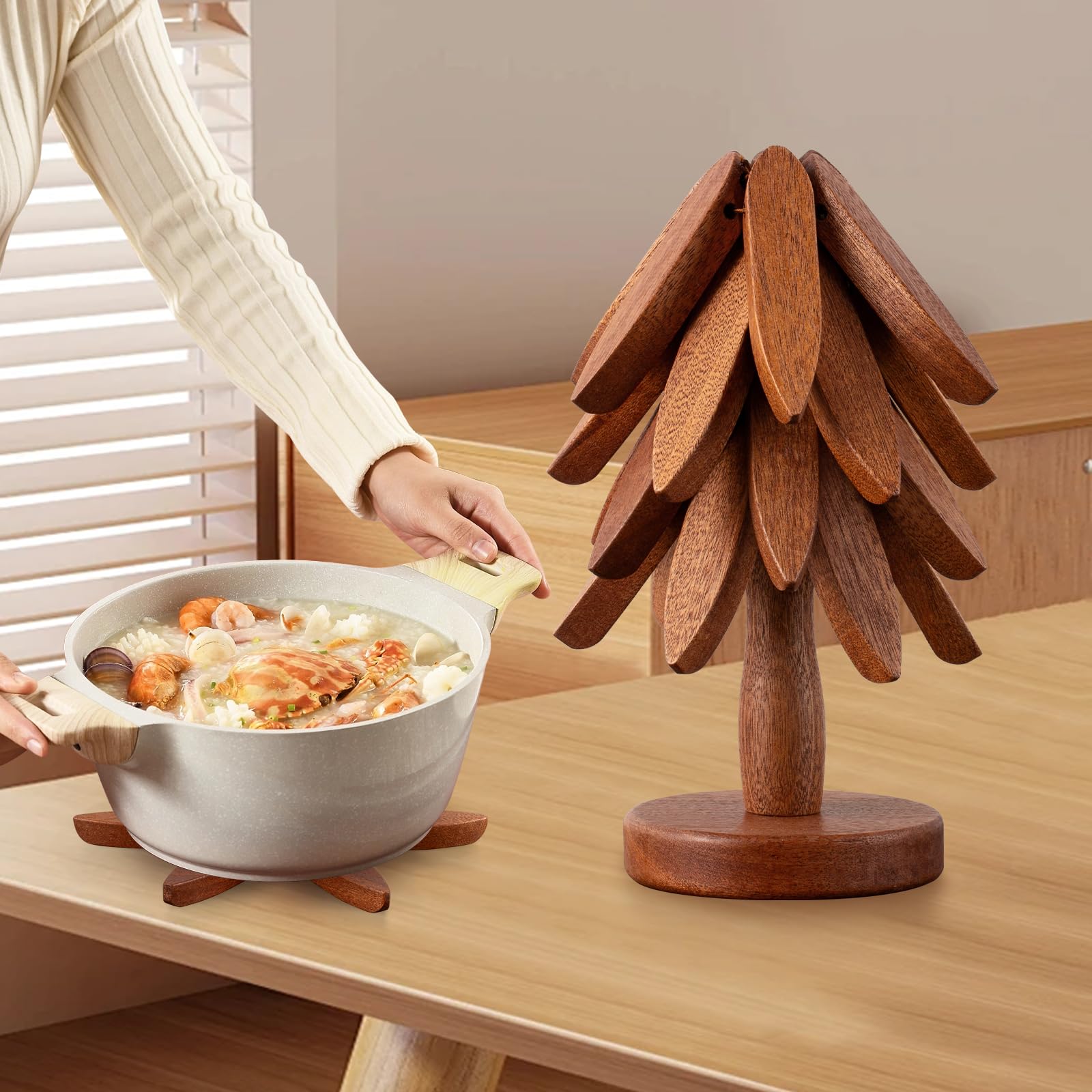 Vertdens Wooden Trivets for Hot Dishes, Tree Shape Trivet Set,Hot Dish Coaster with Tree-Shaped Wood Collapsible Hot Pad Trivet Tree for Restaurant,4 Wooden Trivet + 1 Stand(Walnut Wood)