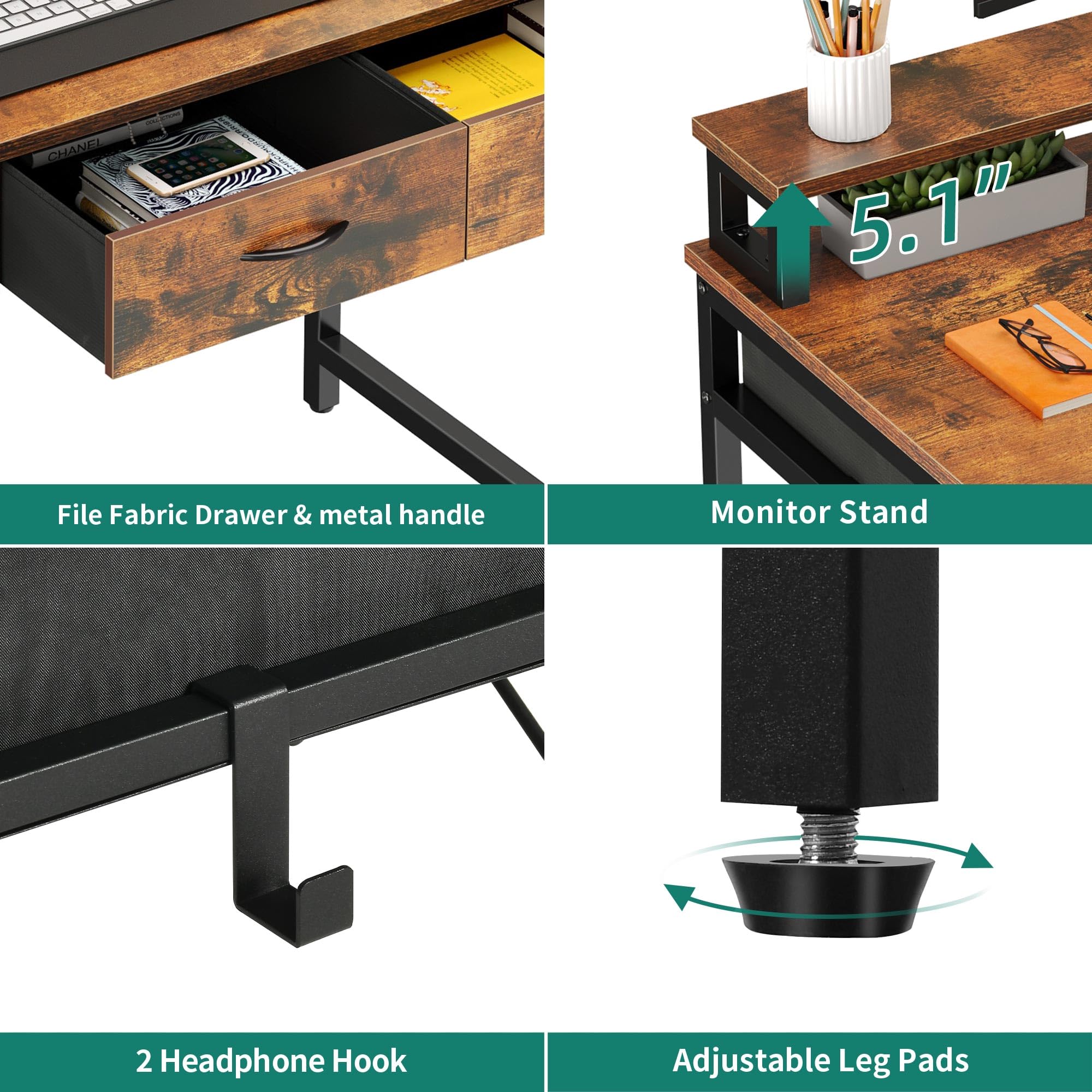 YITAHOME Small Computer Desk with Drawers, Office Desk with Monitor Stand for Small Spaces, Home Office Desks, Writing Desk Study Desk with Hooks, 31.4 x 19.7, Rustic Brown