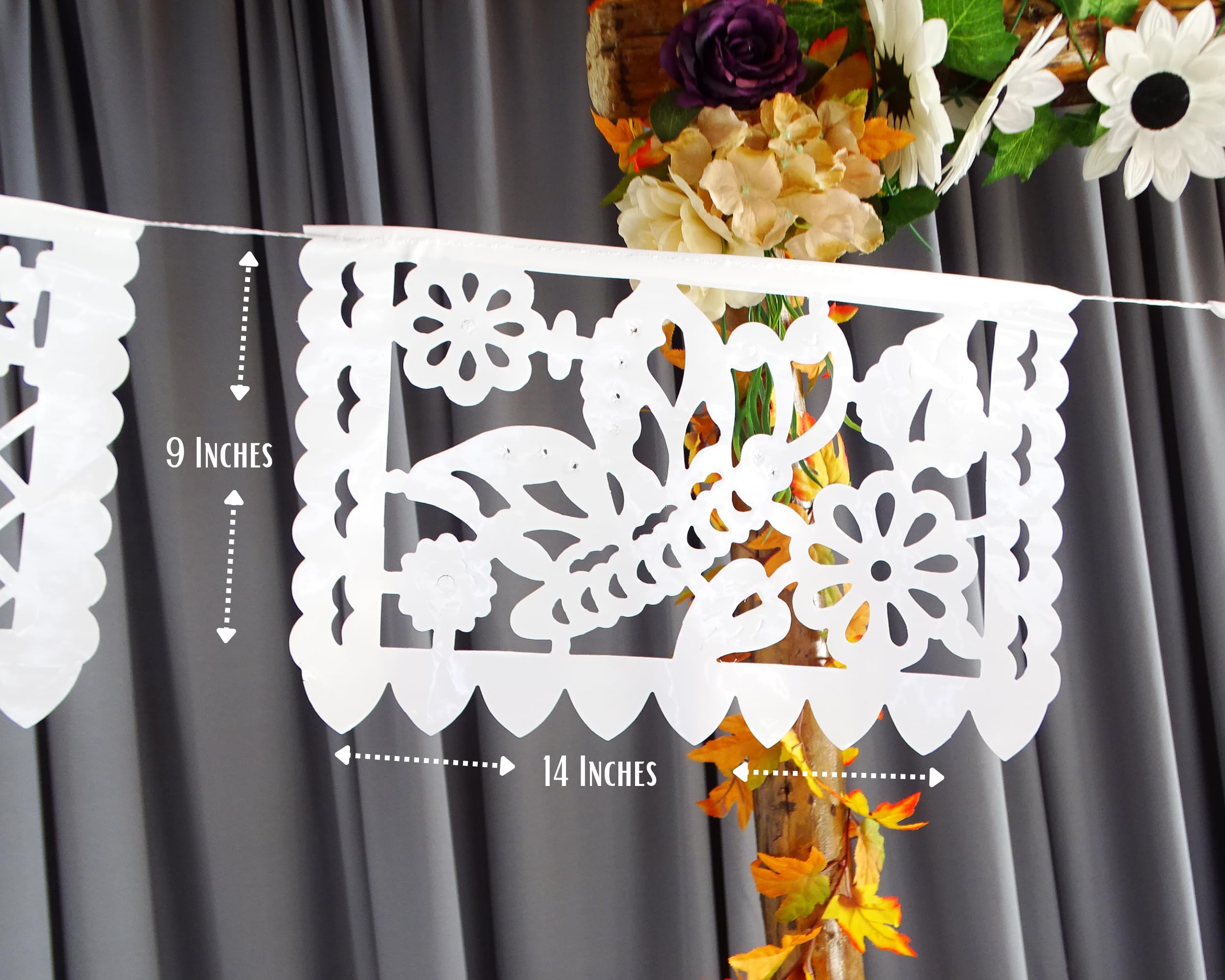 White Papel Picado Banner - Plastic Papel Picado Banner, garland, bunting, streamers - Fiesta Decorations - Mexican white Decorations for mothers day, bridal shower, weddings 5 pack/60 feet