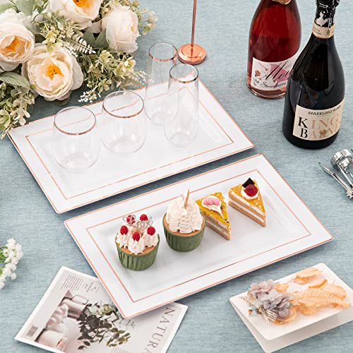 SUT 12 Pack White Plastic Serving Trays with Rose Gold Rim, 13 X 8 inch Rectangle Food Trays, Disposable platters Cookie Serving Trays, Rose Gold Serving Tray Wedding and Disposable Trays for Parties