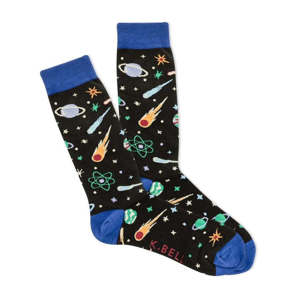 K. Bell Socks Men's Sports and Outdoors Fun Novelty Crew Socks, Space (Black), 6.5-12 Large
