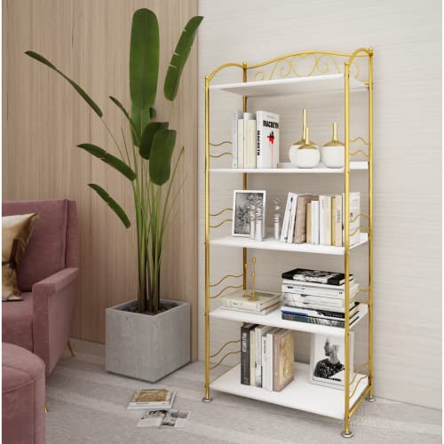 YADOOLIFE 5 Tiers Bookshelf for Bedroom, Vintage Arched 5 Shelf Metal Bookcases, White and Gold Storage Shelf, Vertical Book Rack, Books Holder Organizer in Classroom/Living Room/Home/Office