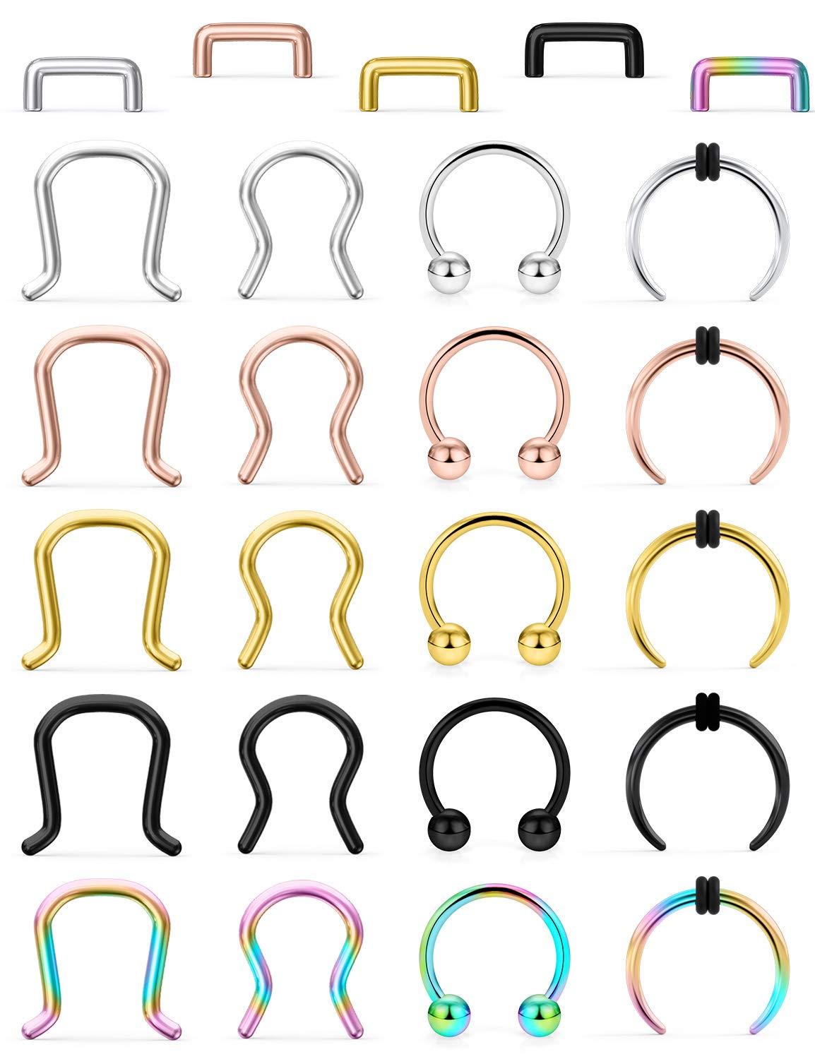 Lcolyoli 25pcs Septum Piercing Jewelry 316L Surgical Steel 3/8"(10mm) U-Shaped Horseshoe Nose Hoop Ring Septum Piercing Hanger Retainer for Women Men 16g 16 gauge