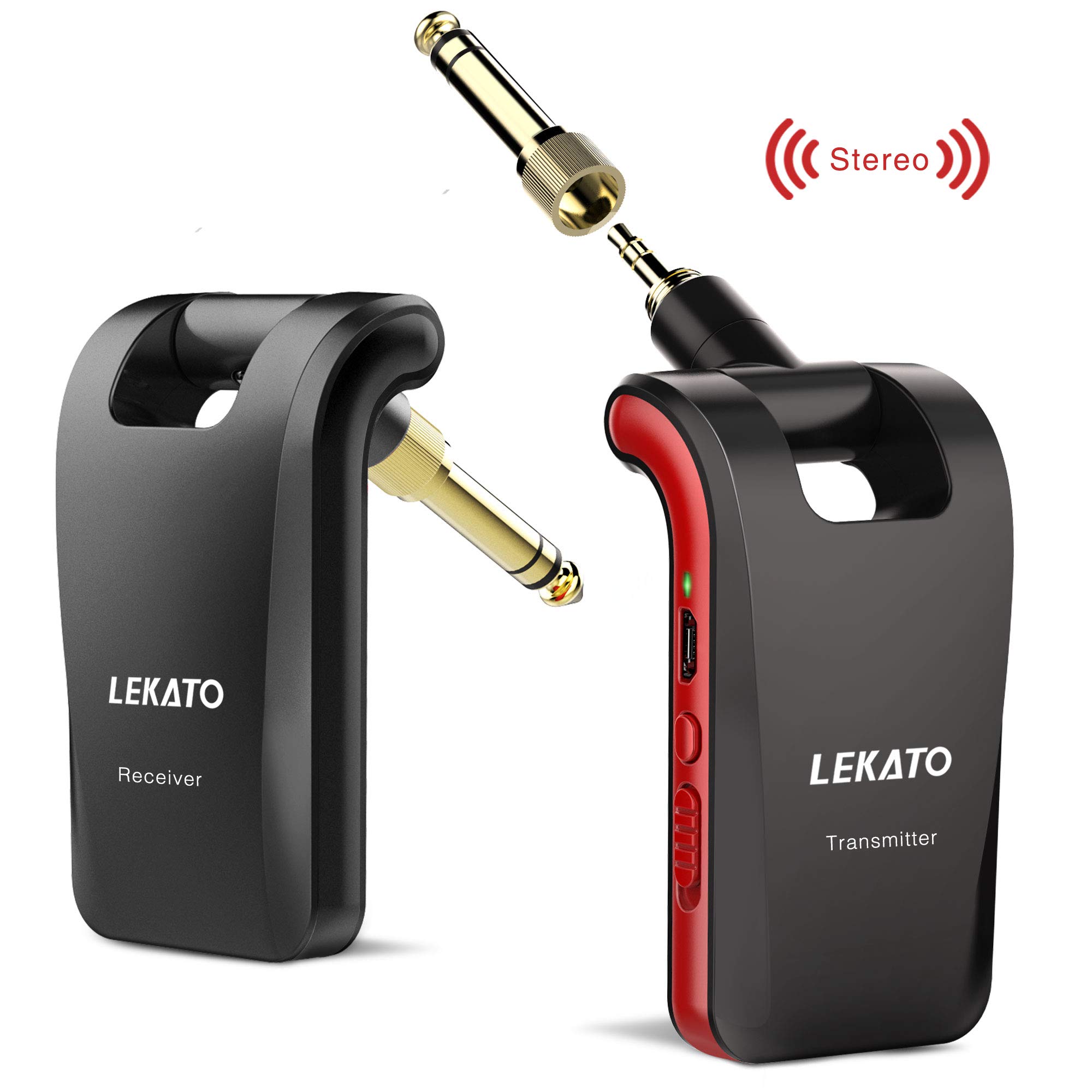 LEKATO Wireless Guitar System 2.4GHz Rechargeable Audio Wireless Transmitter Receiver 6 Channels for Guitar Bass Electric Instruments, Stereo and Mono 1/4โ & 1/8โ 2 in 1 Plugs,Black(WS-60)