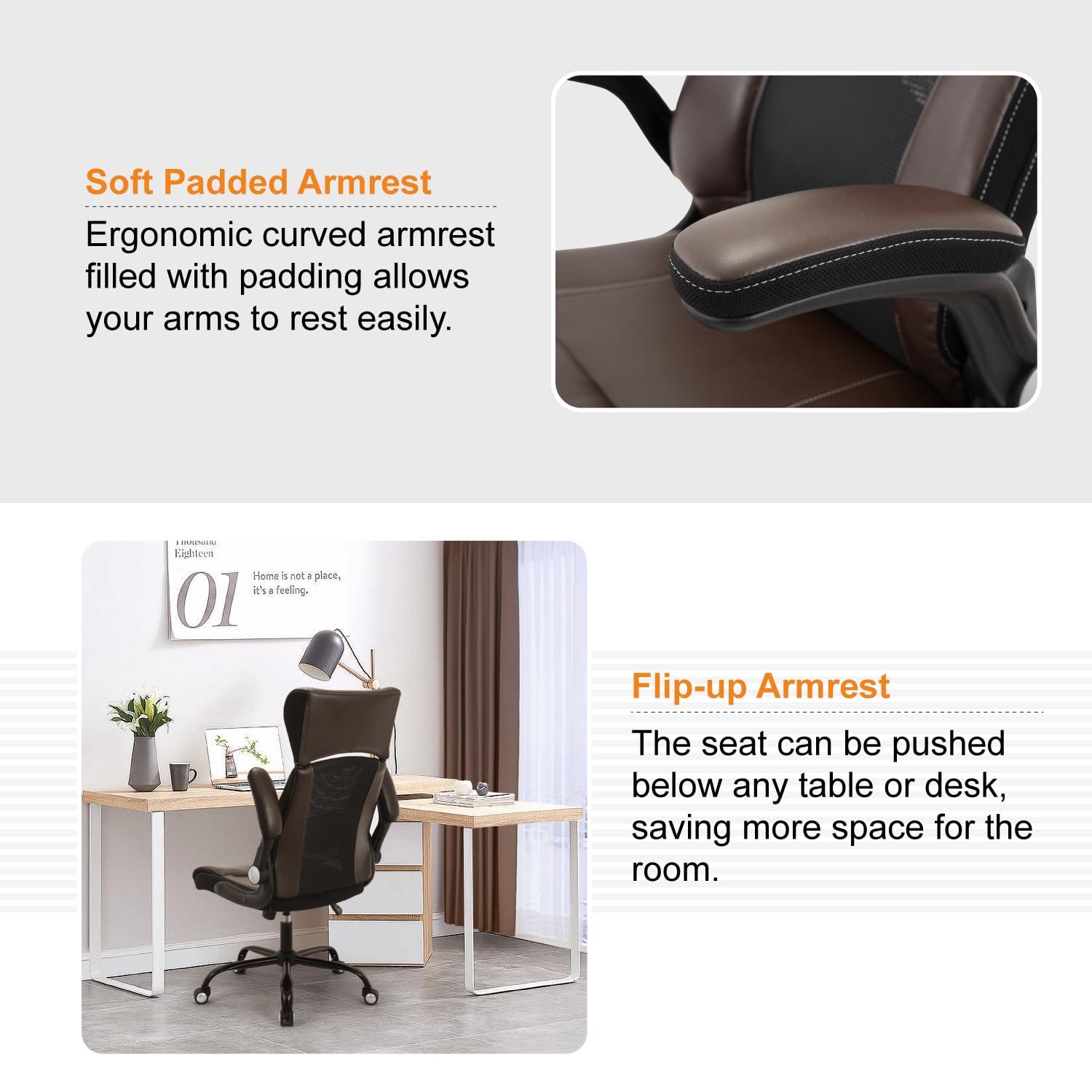 HOME OFFICE CHAIR, Ergonomic Desk Chair with Flip-Up Arm, Office Mesh Chair Leather Computer Chair High Back with Lumbar Support Executive Height Adjustable Rolling Swivel Task