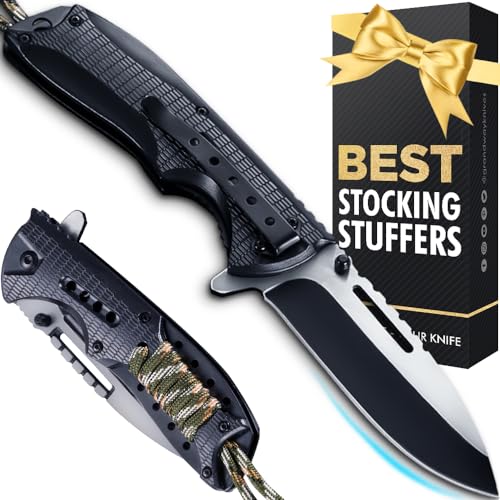 Spring Assisted Pocket Knife - Survival Military Foldable Knife - Best Outdoor Camping Hunting Bushcraft EDC Folding Knife - Tactical Paracord Stainless Steel Pocket Knives w/Clip for Men 25443