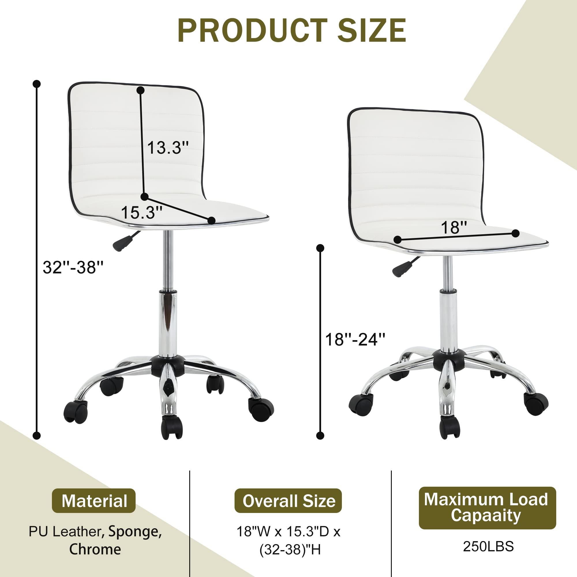 Home Office Desk Chair Height Adjustable PU Leather Vanity Makeup Chair 360° Swivel Rolling Computer Chair Modern Executive Low Back Task Chair with Armrest & Wheel for Office Makeup Room, Grey