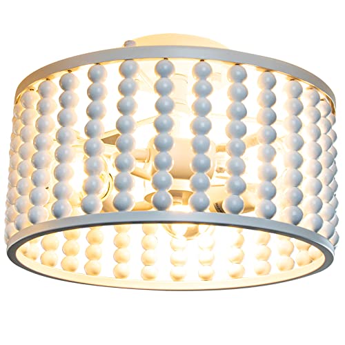 Wood Beaded Chandelier,Boho Farmhouse Light Fixture,Oak White,3 Lights,Semi Flush Mount Ceiling Light Fixtures for Hallway Baby's Nursery Bedroom Kitchen Living Room