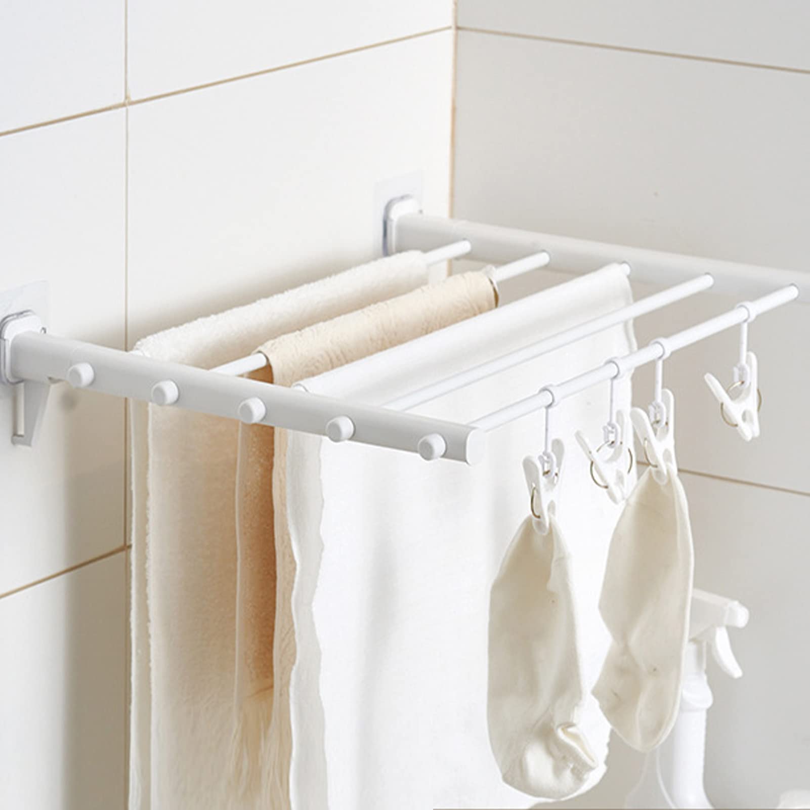 XTDHOMEDIAN Wall Mounted Clothes Drying Rack Folding Telescopic Plastic Laundry Rack for Indoor Balcony (600mm 8 Clips)