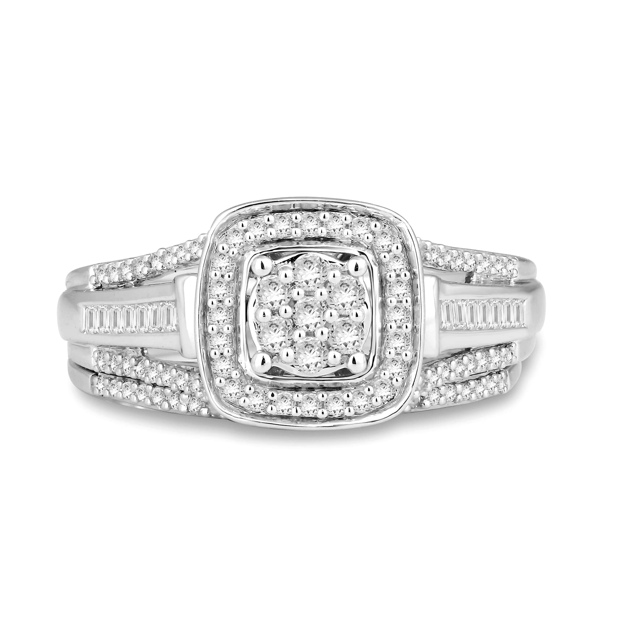 Jewelili Sterling Silver 1/2 Cttw Natural White Baguette and Round Shape Diamond Ring, Size 8