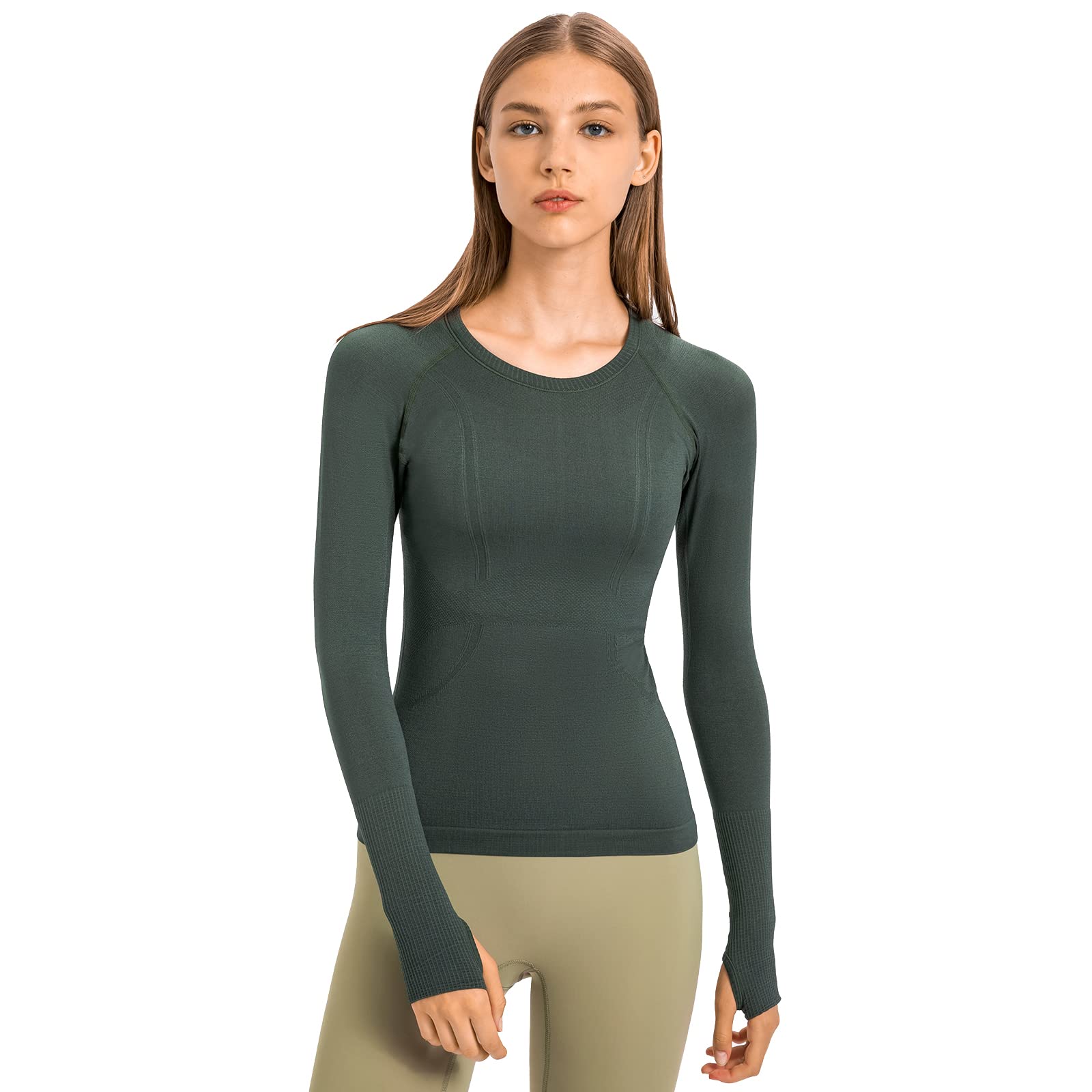 NEPOAGYM Women's Seamless Workout Tops Long Sleeve with Thumb Holes Athletic Shirt Tight Fit(Granite Green,M)
