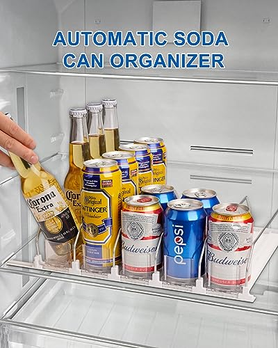 Soda Can Organizer for Refrigerator, 5 Rows Automatic Drink Dispenser for Fridge, Width Adjustable Soda Can Dispenser for Refrigerator, Beer Pop Can Water Bottle Storage for Pantry (White, 12.2"Deep)