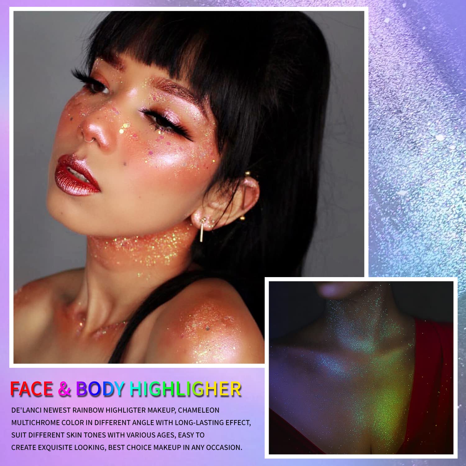 La Catrina Newest Glitter Eyeshadow, DE'LANCI Multichrome Eyeshadow Shimmer Powder, Intense Metallic Color Shift Chameleon Palette, Holographic Sparkle Rainbow Highlighter Eye Makeup (1.5 g)