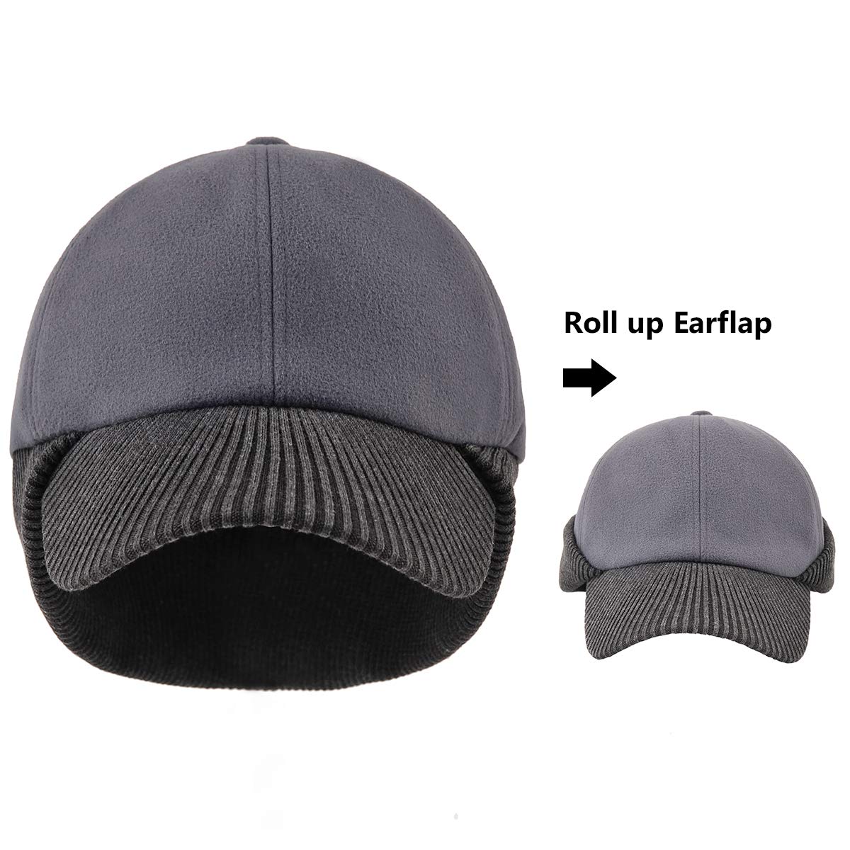 LCZTN Wool Winter Baseball Cap with Warmer Earflap for Men & Women Outdoor Beanie Hat Dark Grey