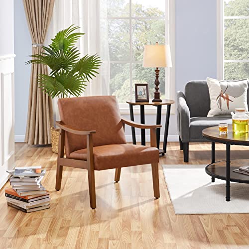 Yaheetech PU Leather Accent Chair, Mid-Century Modern Armchair with Solid Wood Legs, Reading Leisure Chair with High Back for Living Room Bedroom Waiting Room, Light Brown 1
