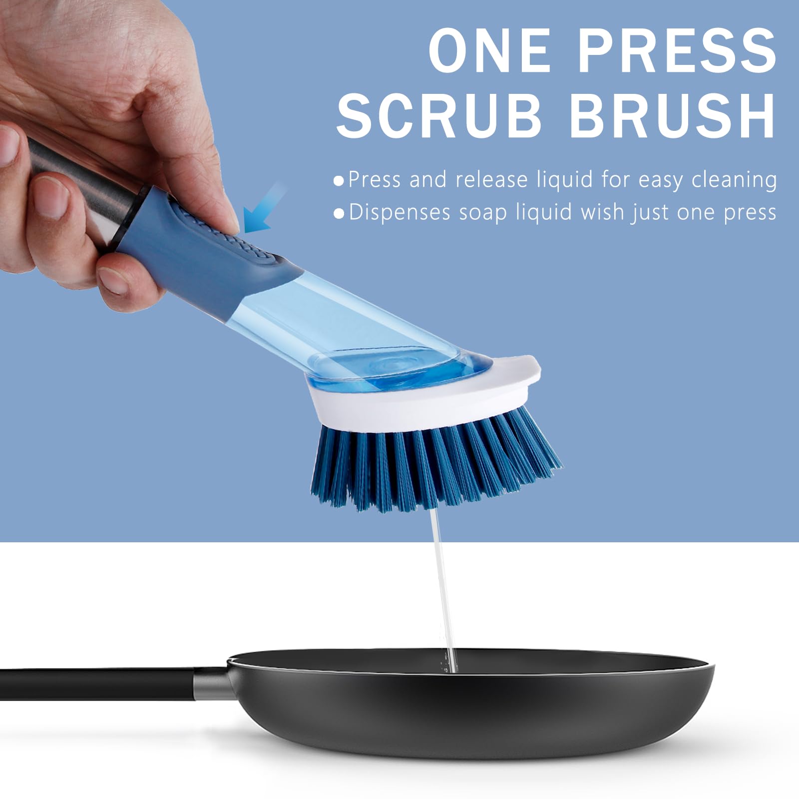 NileHome Dish Brush with Soap Dispenser Dish Scrubber with 4 Replaceable Heads Kitchen Dish Scrub Brush with Stainless Steel Handle Dish Cleaning Brush Dish Wand for Dishes, Pots…