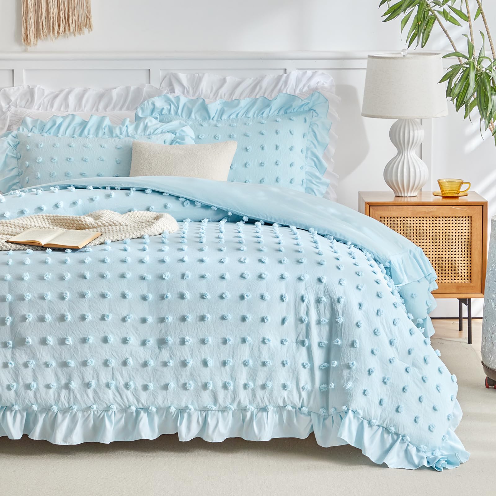 Tufted Dots Ruffle Comforter Set Twin Size, 3 Pieces Blue Ruffled Farmhouse Comforters, Luxury Embroidery Shabby Chic Pom Pom Tufts Boho Bohemian Bedding Set for Kids(1 Comforter + 2 Pillowcases)