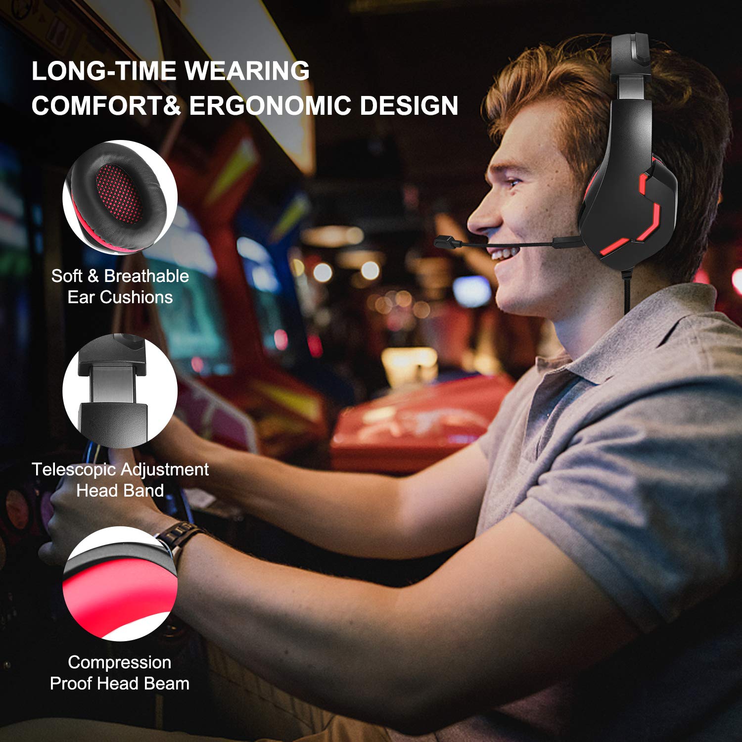 LMPOHO PS4 Gaming Headset for Xbox One, PS5, PC, Over Ear Headphones with Noise-Cancelling Mic, J10 Wired Gaming Headset with Stereo Surround Sound, LED Light, Comfort Earmuff - Red