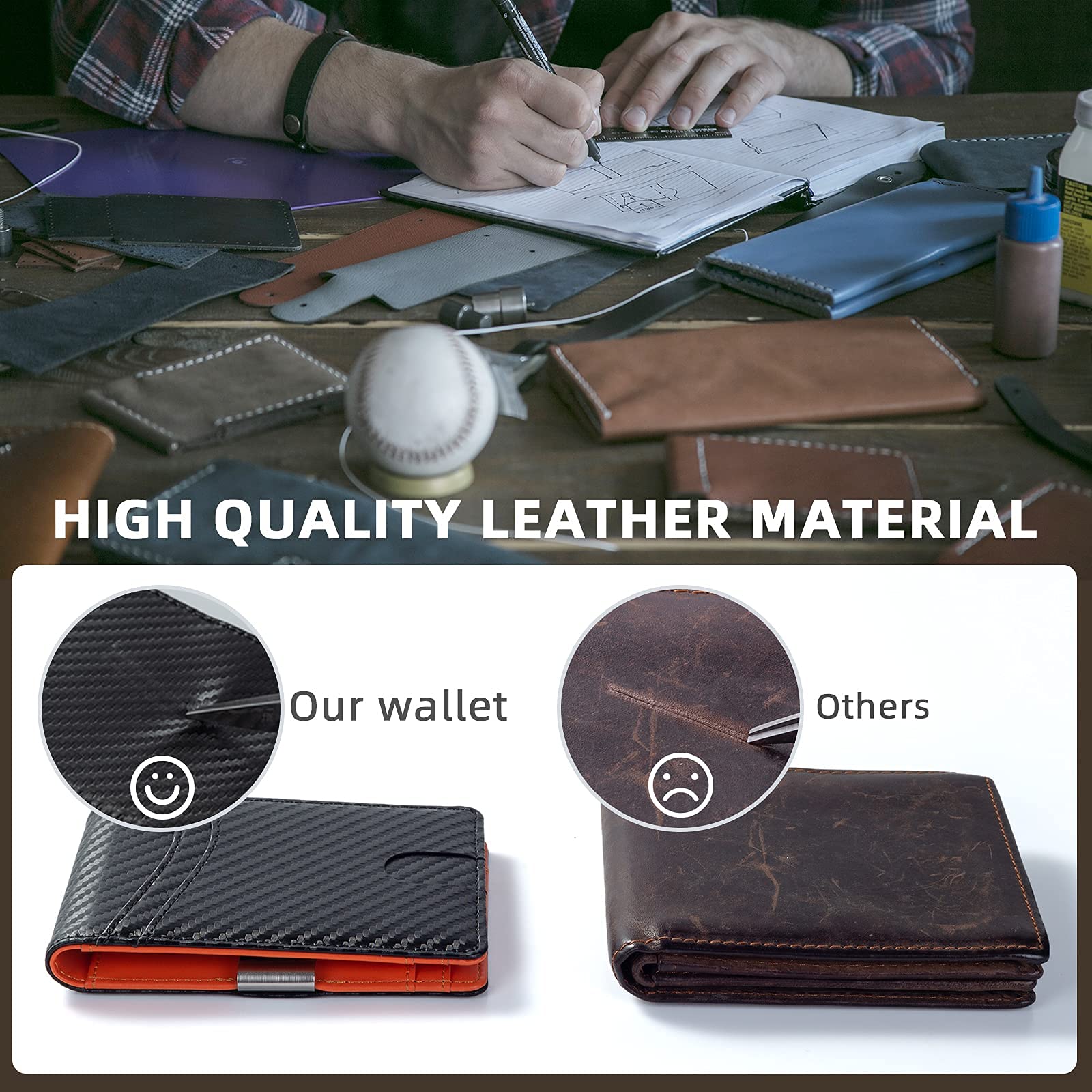 Mutural Minimalist Slim Wallet for Men, Premium Leather Wallet with Money Clip, RFID Blocking Front Pocket Stylish Bifold Wallet (Black & Red)