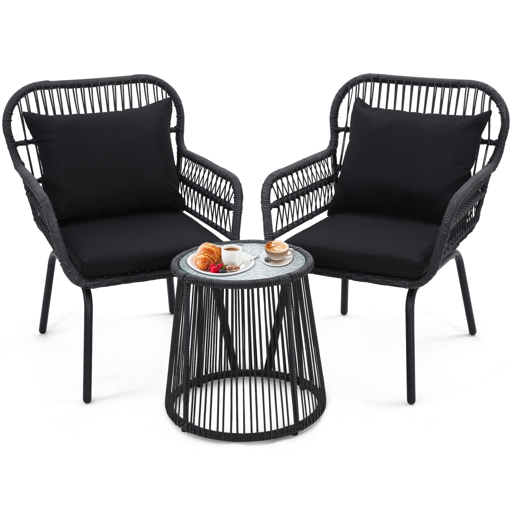 wildformers 3 Pieces Rattan Wicker Bistro Set, Outdoor Conversation Set, Wicker Furniture Set with Glass Top Table, Space Saving for Balcony, Backyard, Black