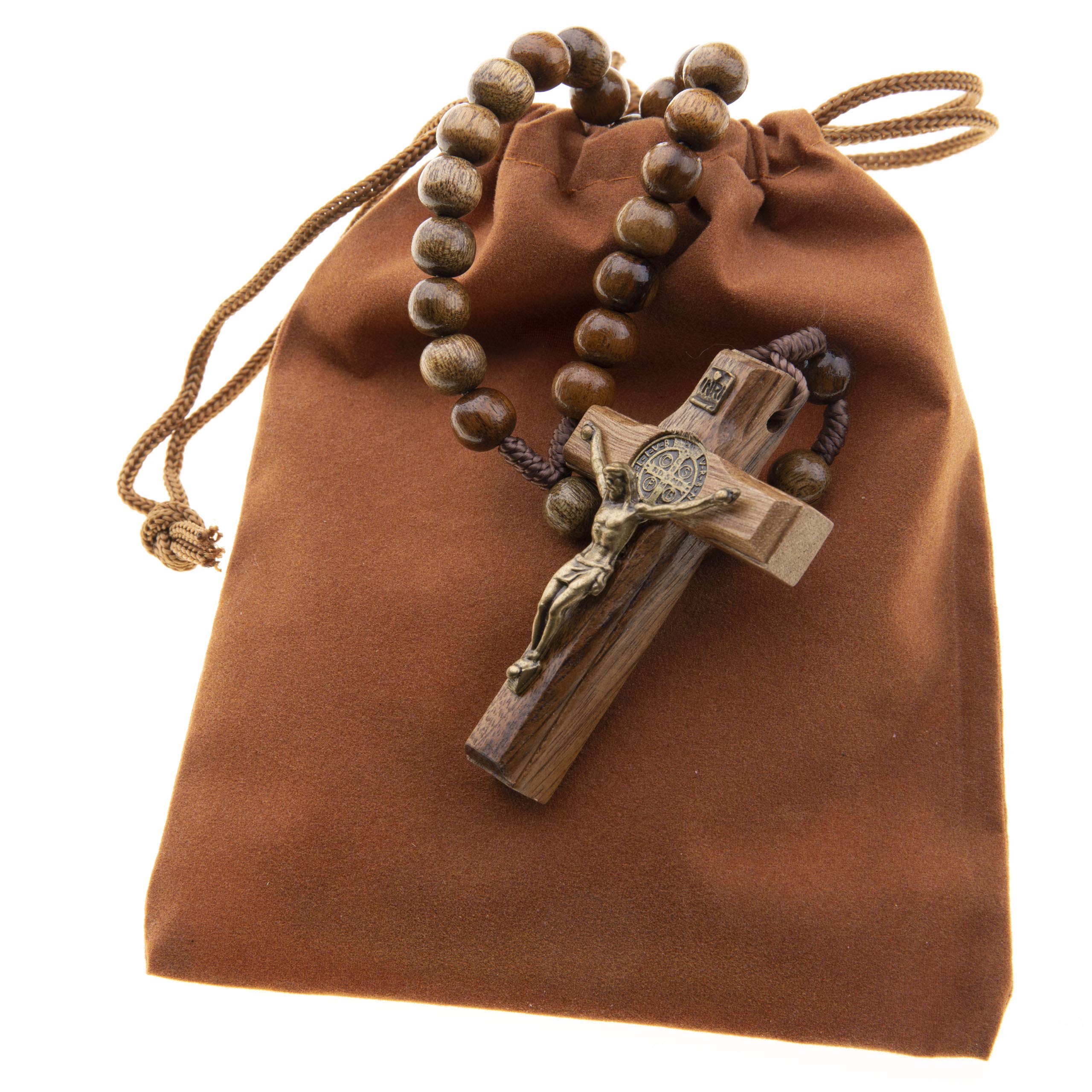 Iconeum 20 Decade Rosary Beads Catholic 7mm Brown Wood 43" Long on Durable Cord Wooden Crucifix