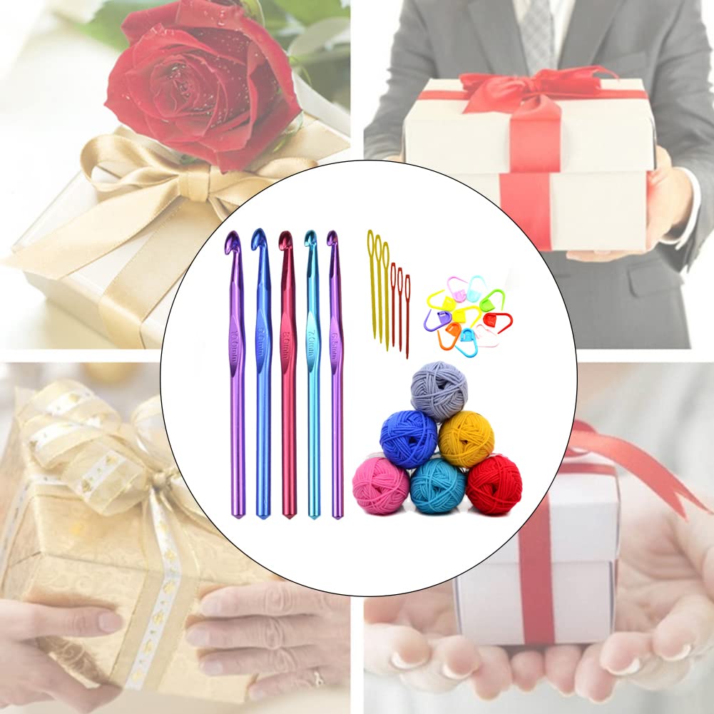 Katech Crochet Hooks Set Includes 5 pcs Crochet Hooks and 6 pcs Random Colors Yarn Skeins for Crochet and Knitting, Ergonomic Crochet Needle Yarn Kits DIY Yarn Weaving Tool for Crochet Lovers