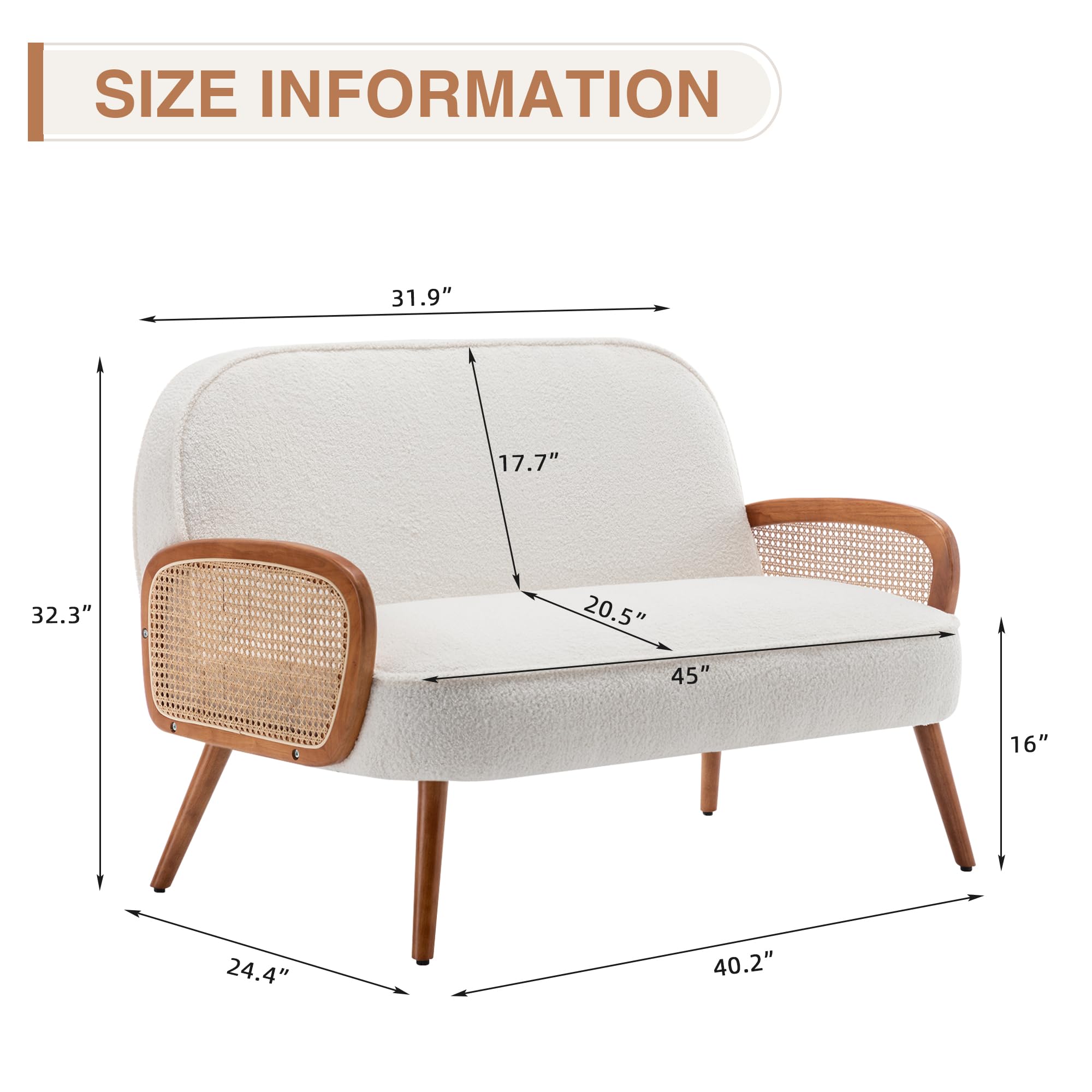 WENTMENT Loveseat Sofa Small Couch for Living Room Teddy Love Seat with Natural Rattan Armrest and Solid Wooden Legs Small Sofa for Small Space, Bedroom, Apartment(White)