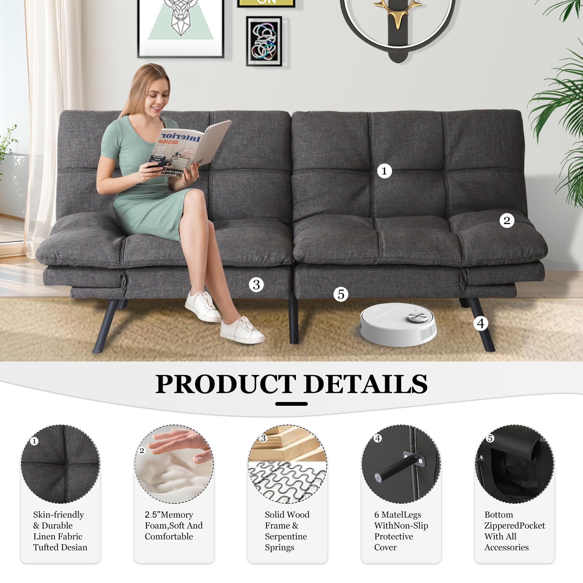 Xuanlur Futon Sofa Bed with Adjustable Backrests, Sleeper Couch with Adjustable Armrests, Convertible Sofa Couch Bed for Small Space,Apartment, Living Room, Grey