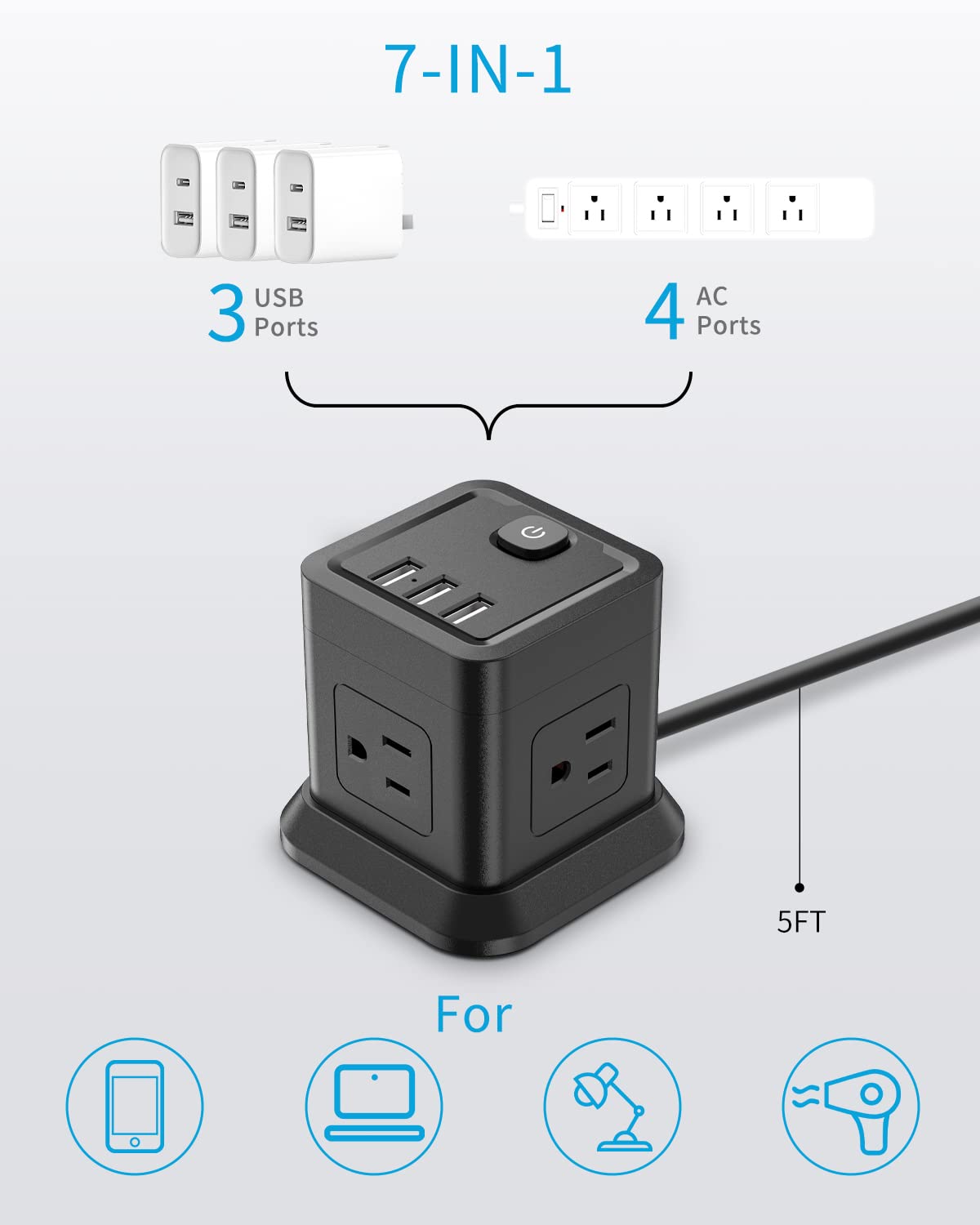 Power Strip with USB, FDTEK Flat Plug Extension Cord with 4 AC and 3 USB, 5 FT Power Cord Desktop Charging Station, Overload Protection, Compact Portable for Travel Home Office Cruise Ship - Black