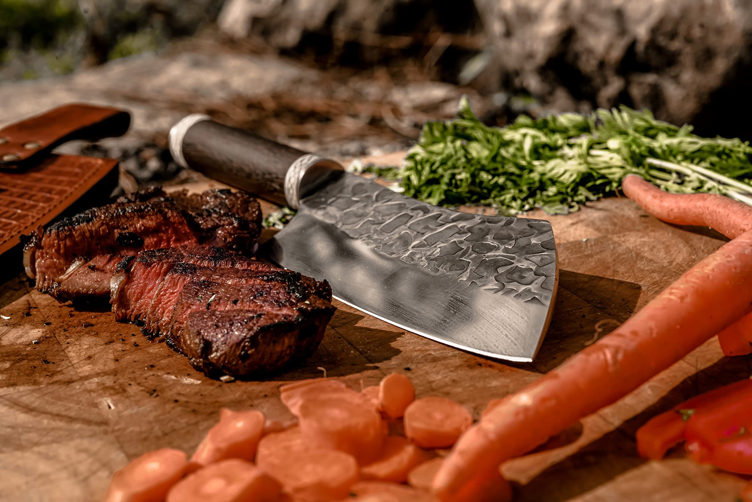 Norse Tradesman Chef & Cleaver Hybrid Knife - 7.5" Razor Sharp Kitchen Knife β Genuine Cowbone Accented Handle with Celtic Knot Engravings β Artisan Forged
