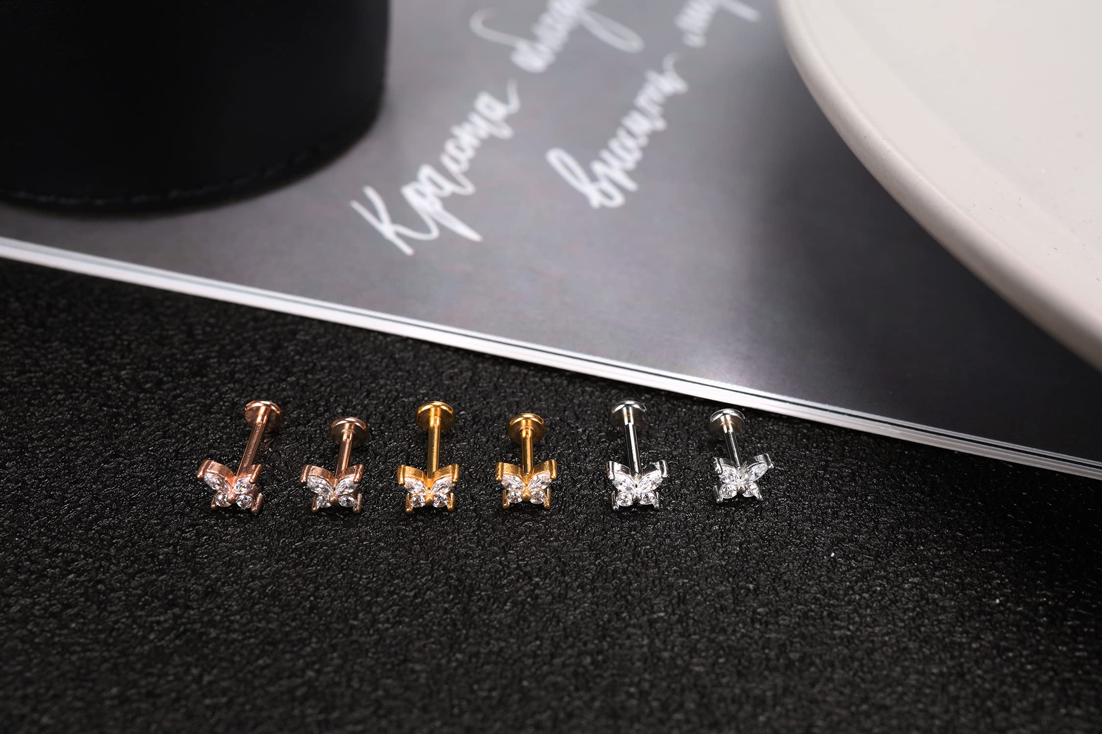 JINSAWW 16G Butterfly Internally Threaded CZ Labret Stud Stainless Steel Ear Cartilage Helix Tragus Conch Flat Back Piercing Stud Body Jewelery
