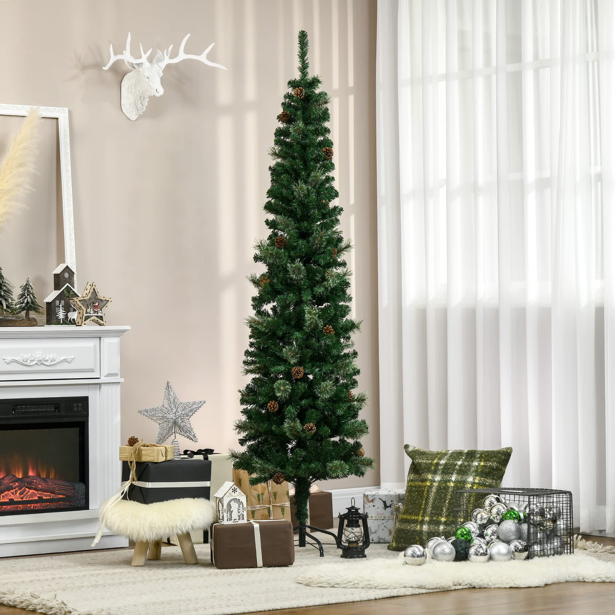HOMCOM 6.5 Foot Pencil Artificial Christmas Tree, Slim Pine Needles Xmas Tree with Realistic Branches, Pine Cones, Metal Base, Green