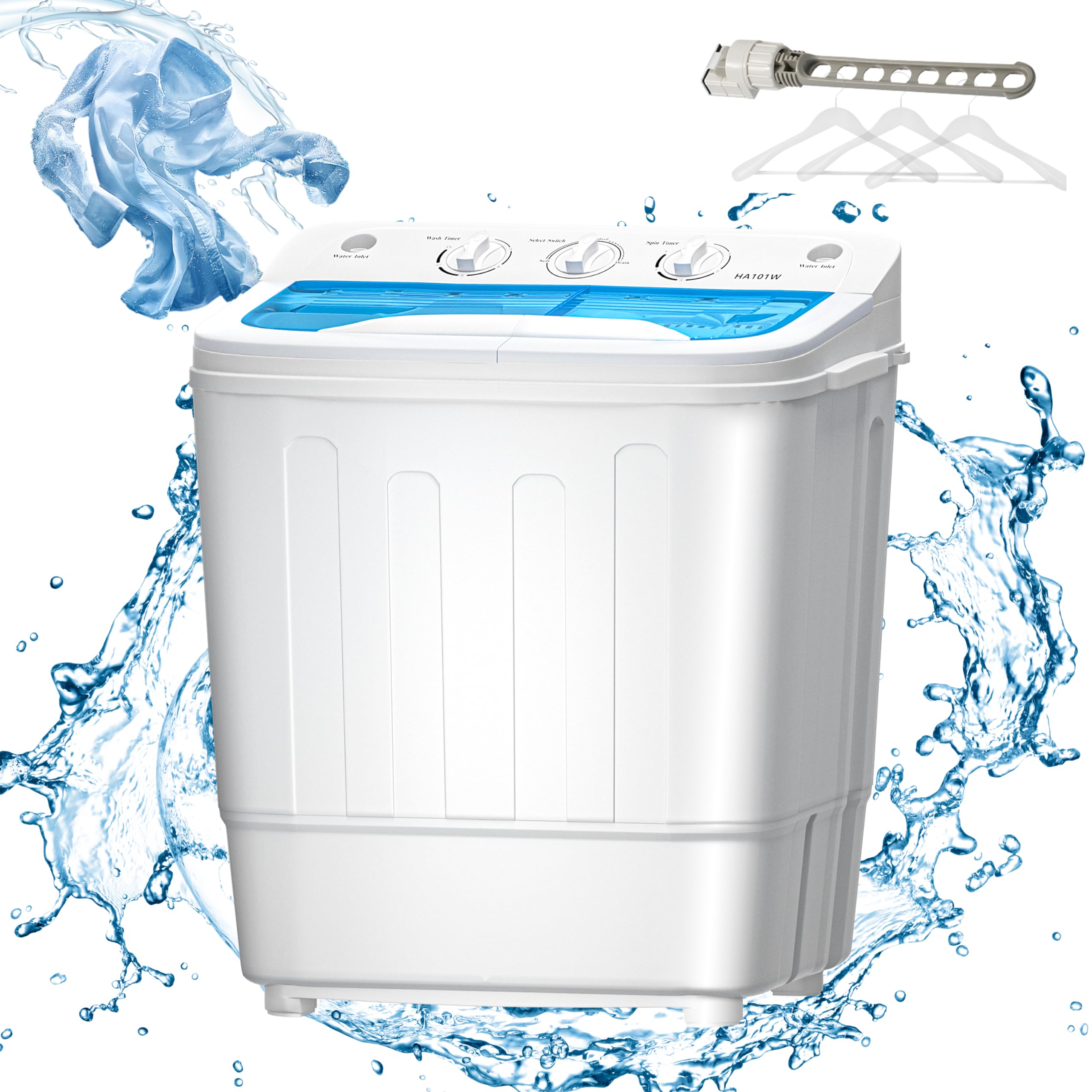 Sportpulse 18lbs Compact Mini Twin Tub Washing Machine with Drying Rack, 11lbs Portable Laundry Washer and 7lbs Spinner, Convenient and Efficient for Dorms, Apartment